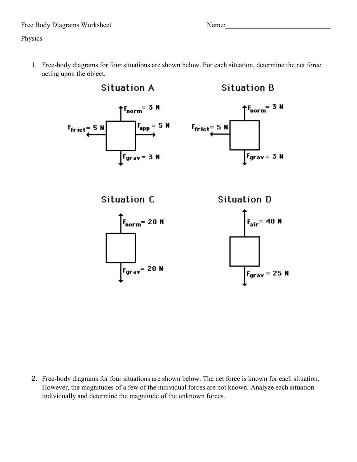 Solutions to Free-Body Diagrams Worksheet in Physics